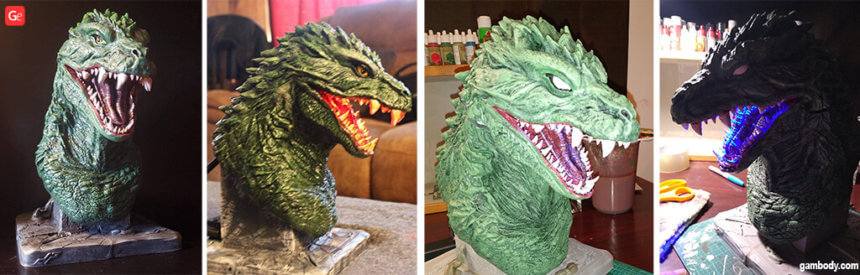 Godzilla 2000 3D Printed Bust Painting and Adding LEDs